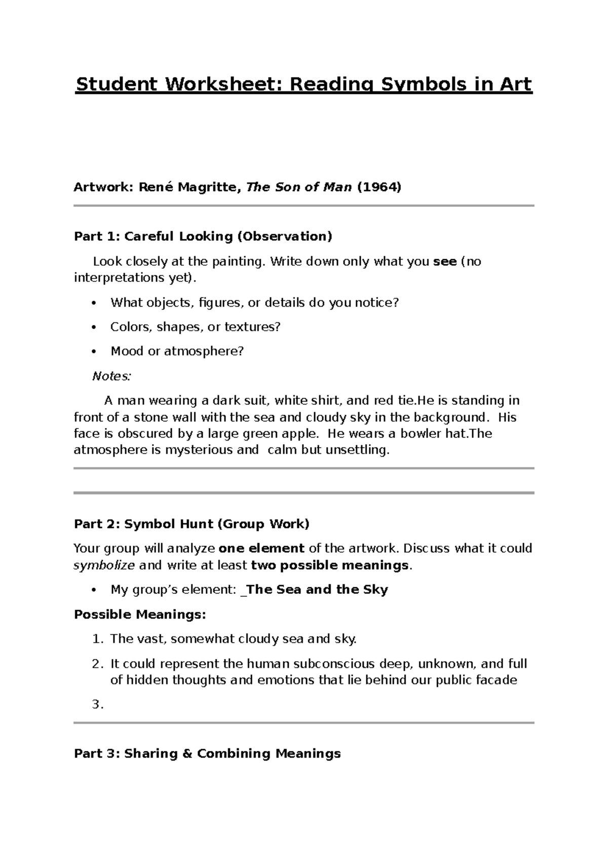 Art Analysis Worksheet: René Magritte's The Son of Man (1964) - Studocu