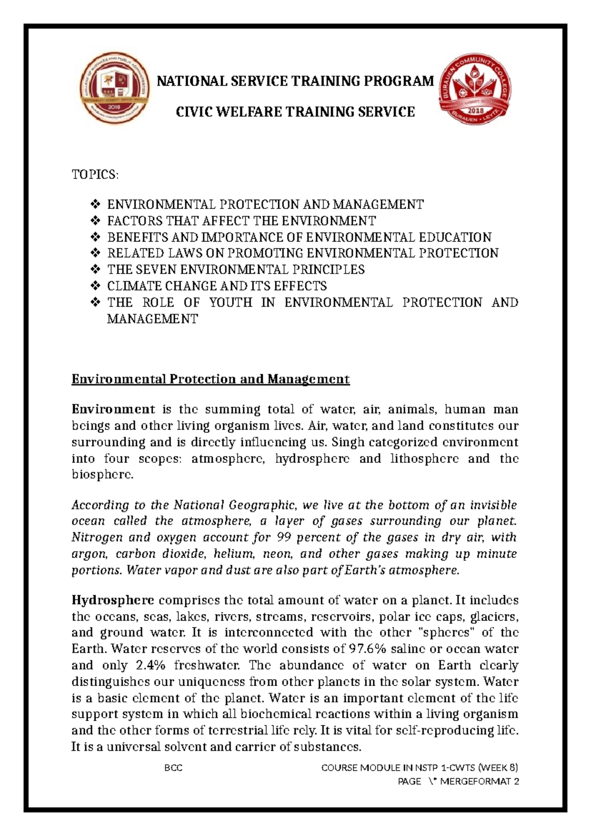 NSTP 1 CWTS WEEK 8: Environmental Protection & Management Insights ...