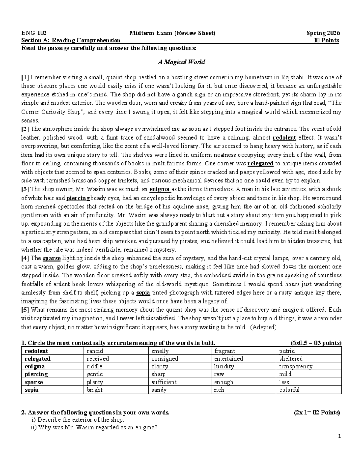 ENG 102 Midterm Exam Review Sheet: Reading Comprehension & Editing ...