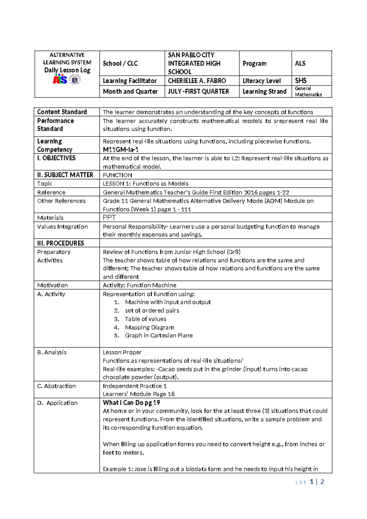ALS DLP Demo: Daily Lesson Log on Functions in Mathematics - Studocu