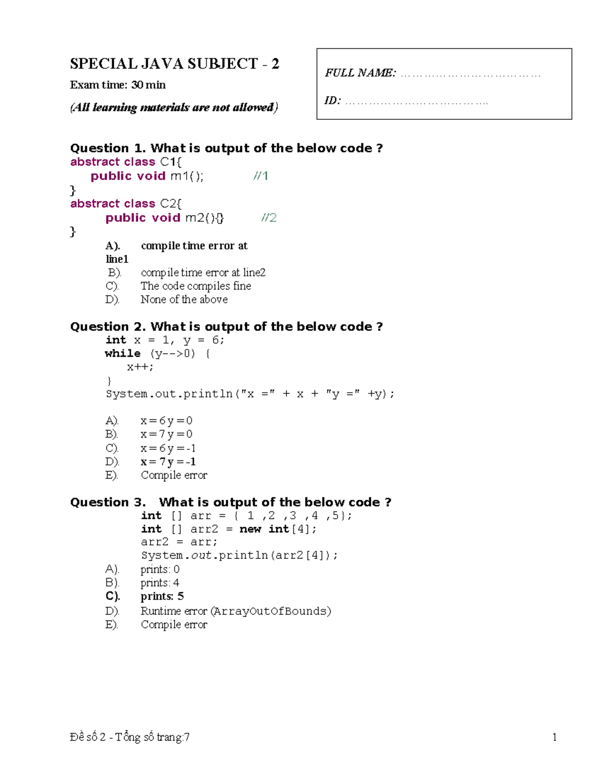JAVA SUBJECT 2 Final Exam Questions and Answers - Studocu