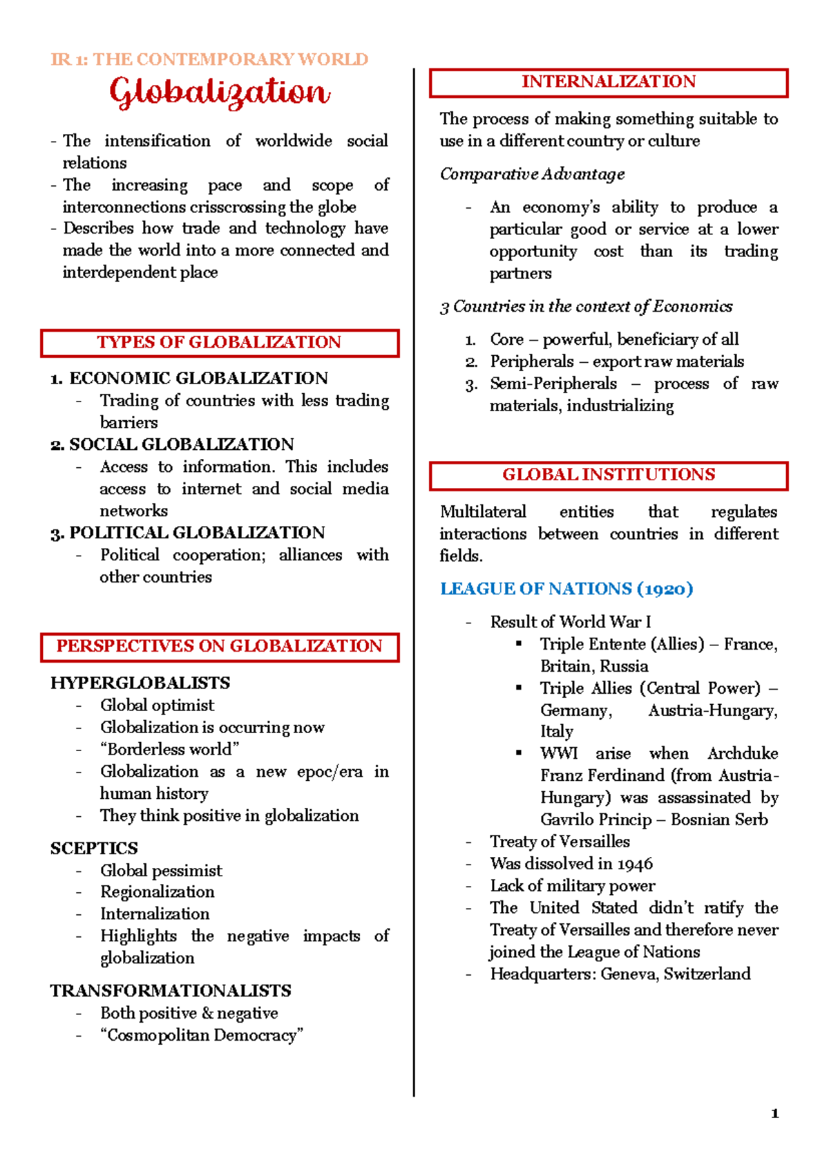 IR 1: THE CONTEMPORARY WORLD - Understanding Globalization and Its ...