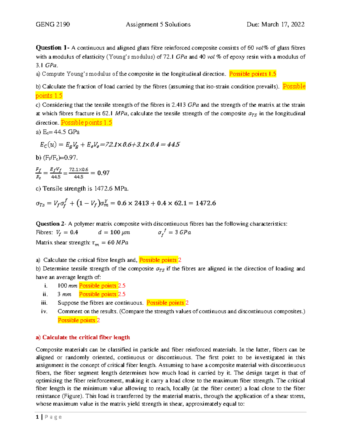 Composite Materials Assignment 5 Solutions: Elastic Modulus & Strength ...