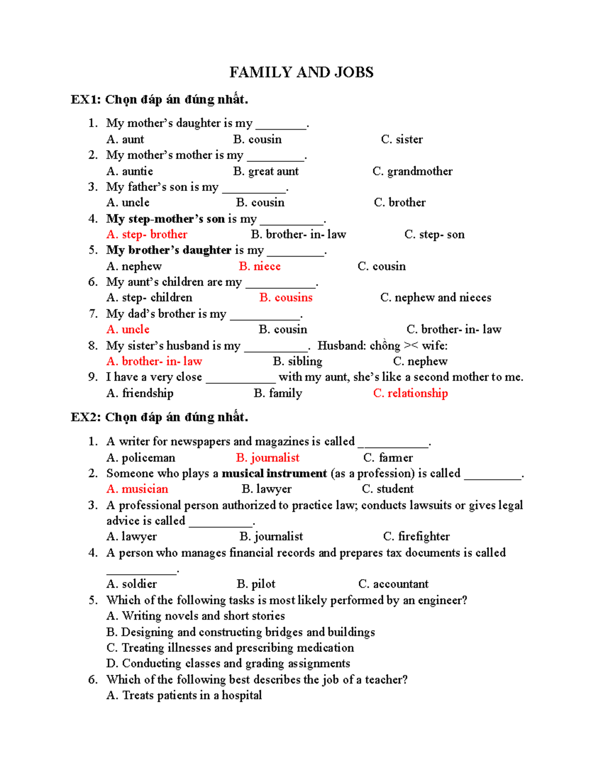 FAMILY AND JOBS EX1: Multiple Choice Questions and Reading ...