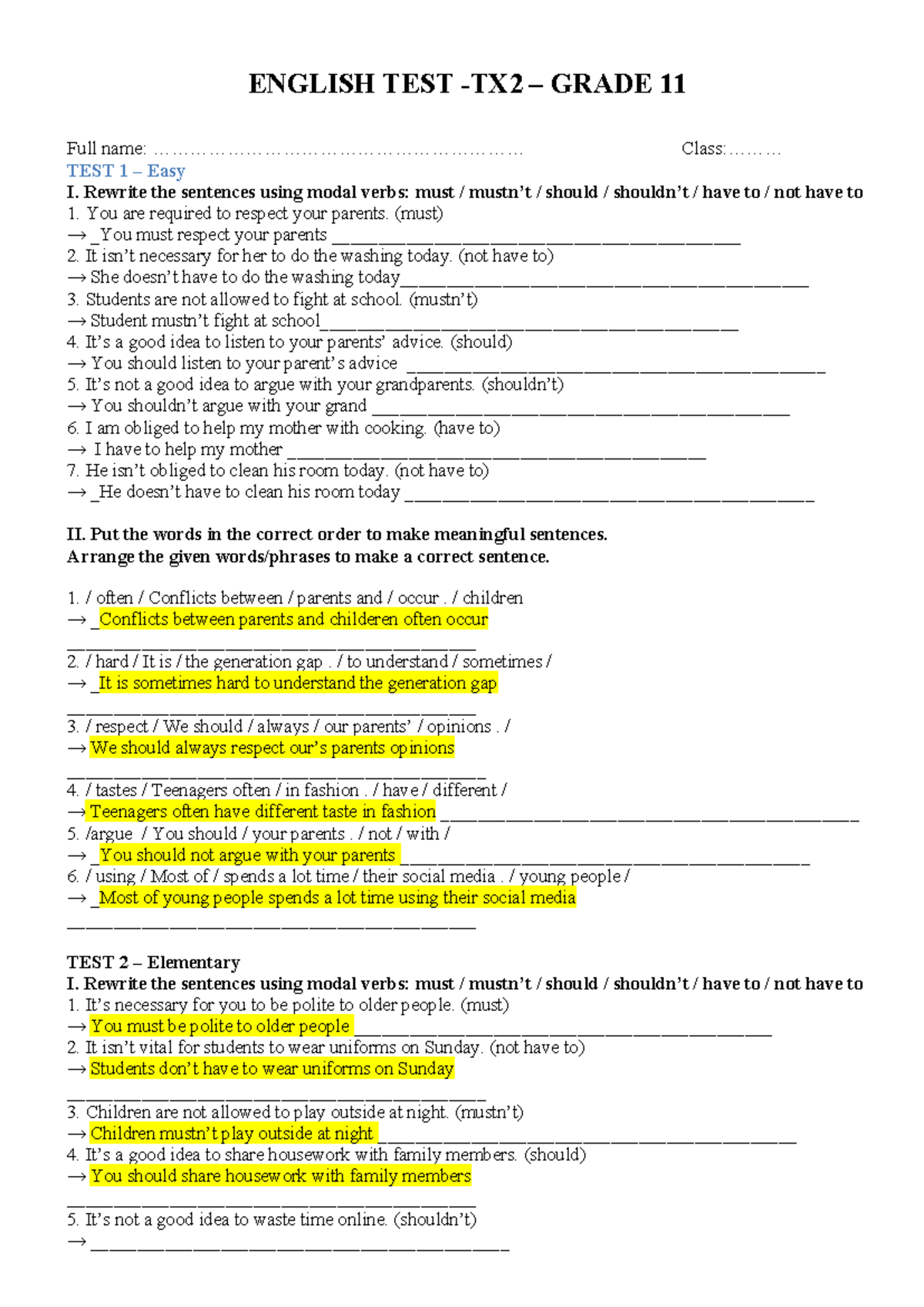 ENGLISH TEST GRADE 11 Unit 2 Full Name: TEST 1 & 2 Modal Verbs and ...