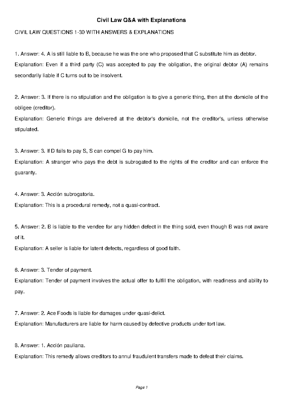 Civil Law QA 1-30 with Explanations - Studocu
