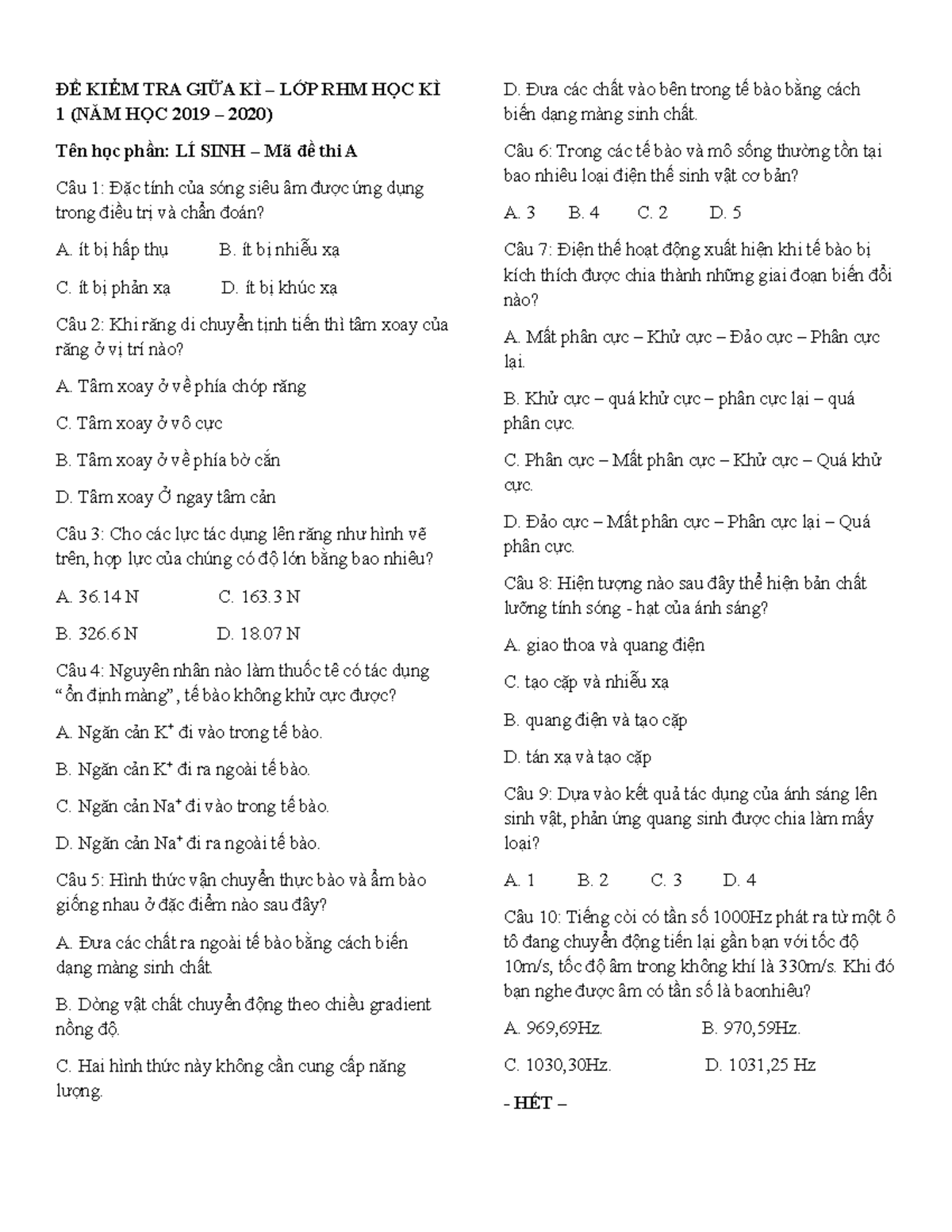 ĐỀ KIỂM TRA GIỮA KÌ LỚP LÍ SINH HỌC KÌ 1 (NĂM HỌC 2019-2020) - Studocu