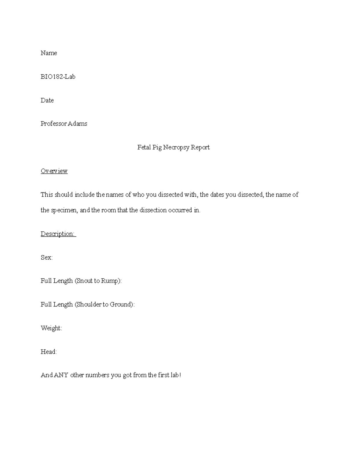BIO182-Lab Fetal Pig Necropsy Report Template and Guidelines - Studocu