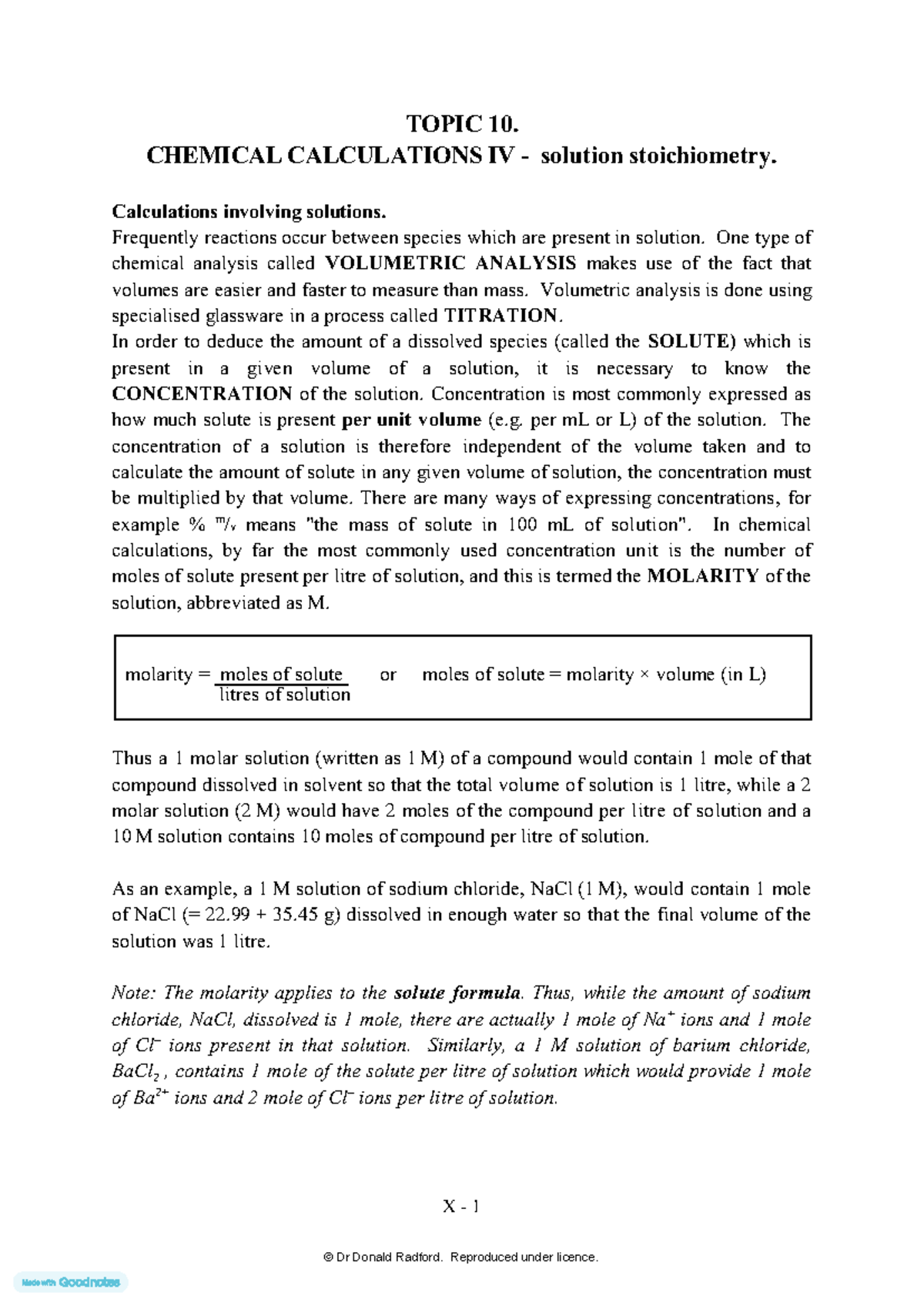 Topic 10: Chemical Calculations IV - Solution Stoichiometry and ...
