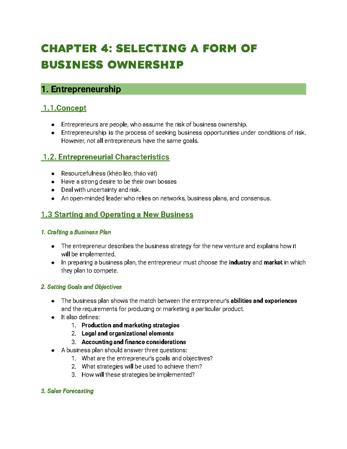 CHAPTER 4: SELECTING A FORM OF BUSINESS OWNERSHIP - ÔN CUỐI KÌ - Studocu