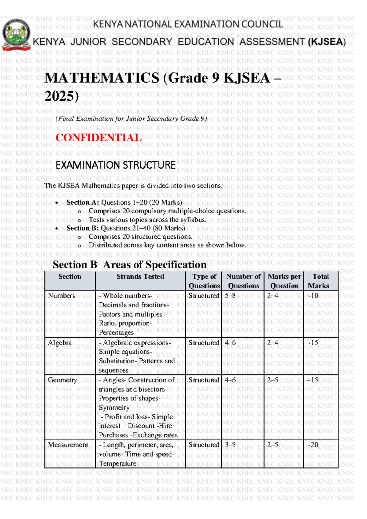 KJSEA 2025 Mathematics Grade 9 - Final Exam Structure & Revision - Studocu