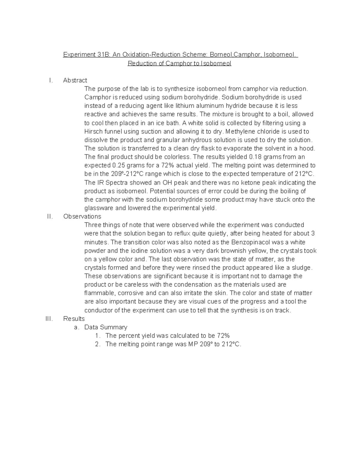 Lab 3: Synthesis of Isoborneol from Camphor via Reduction - Studocu