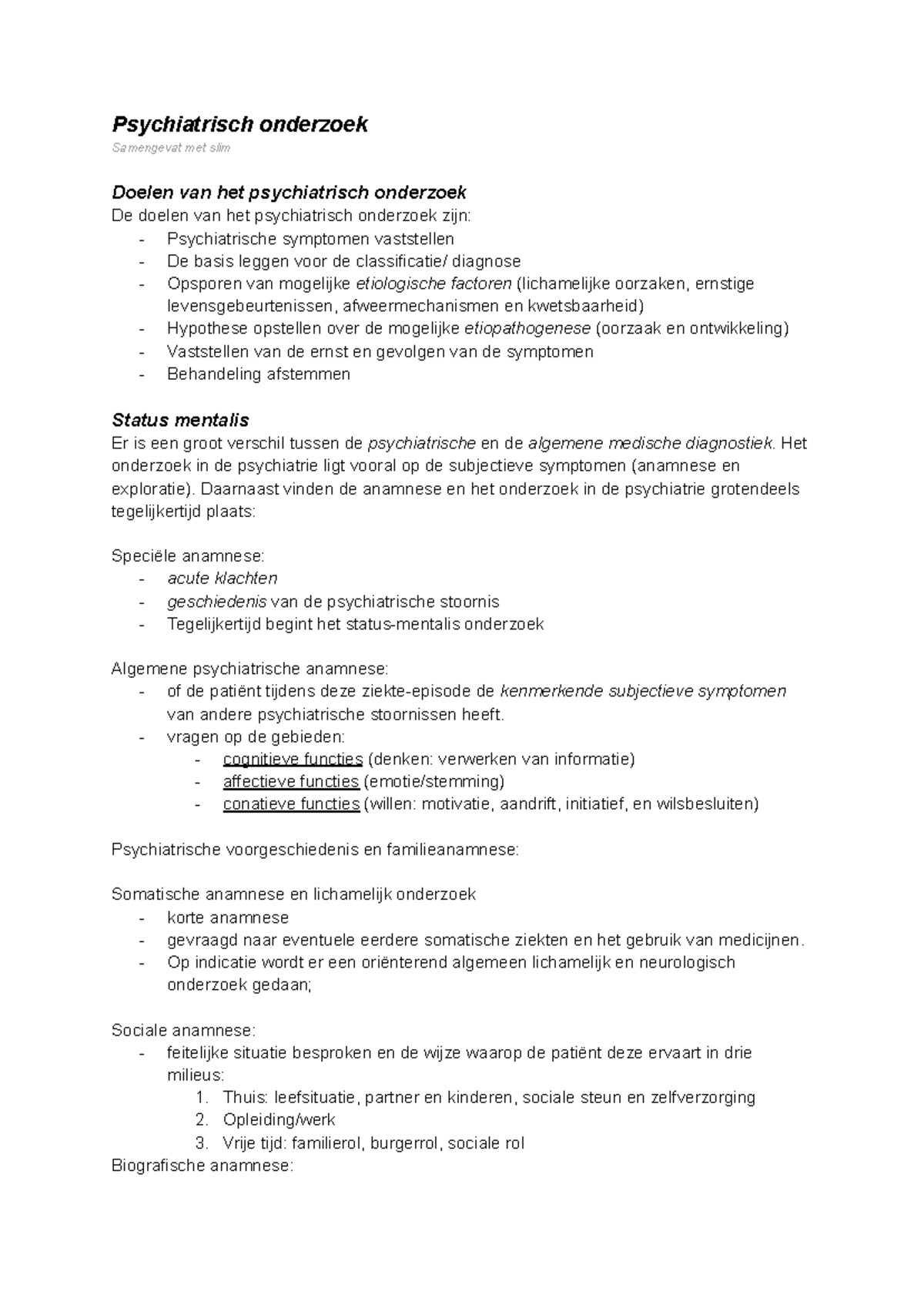 Psychiatrisch Onderzoek: Doelen, Status Mentalis en Diagnostiek - Studeersnel