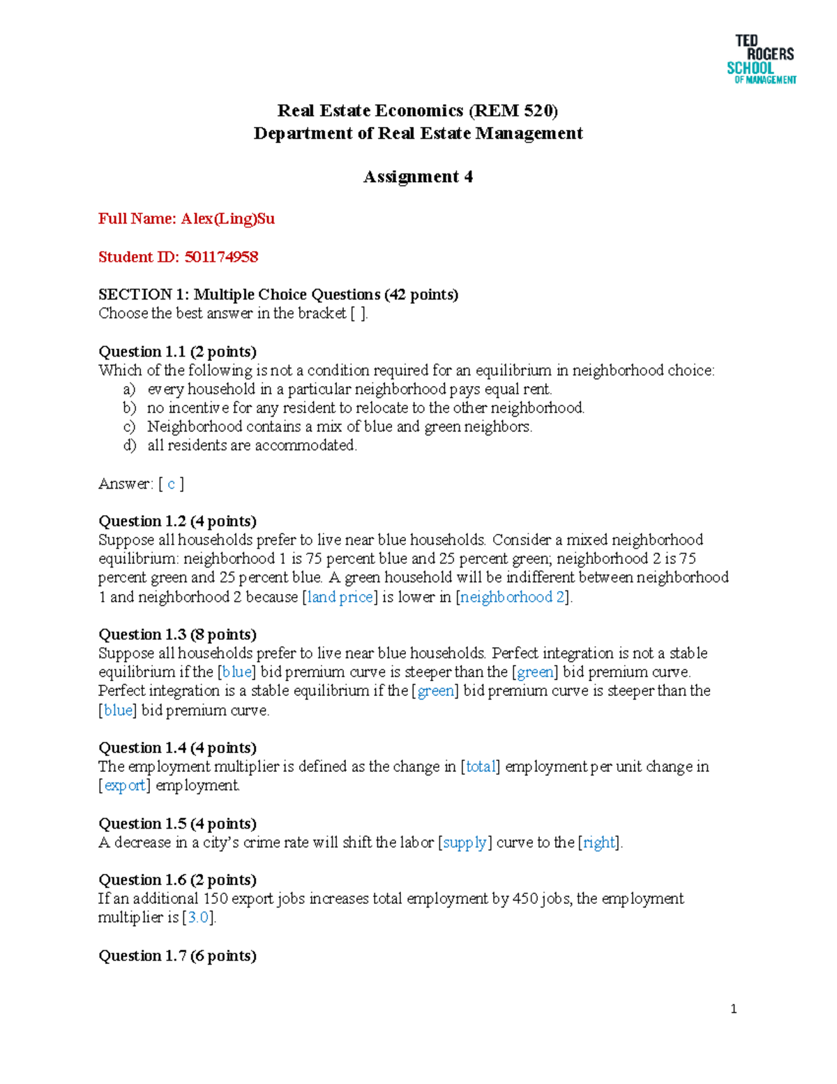 REM 520 - Real Estate Economics Assignment 4: MCQs & Short Questions ...