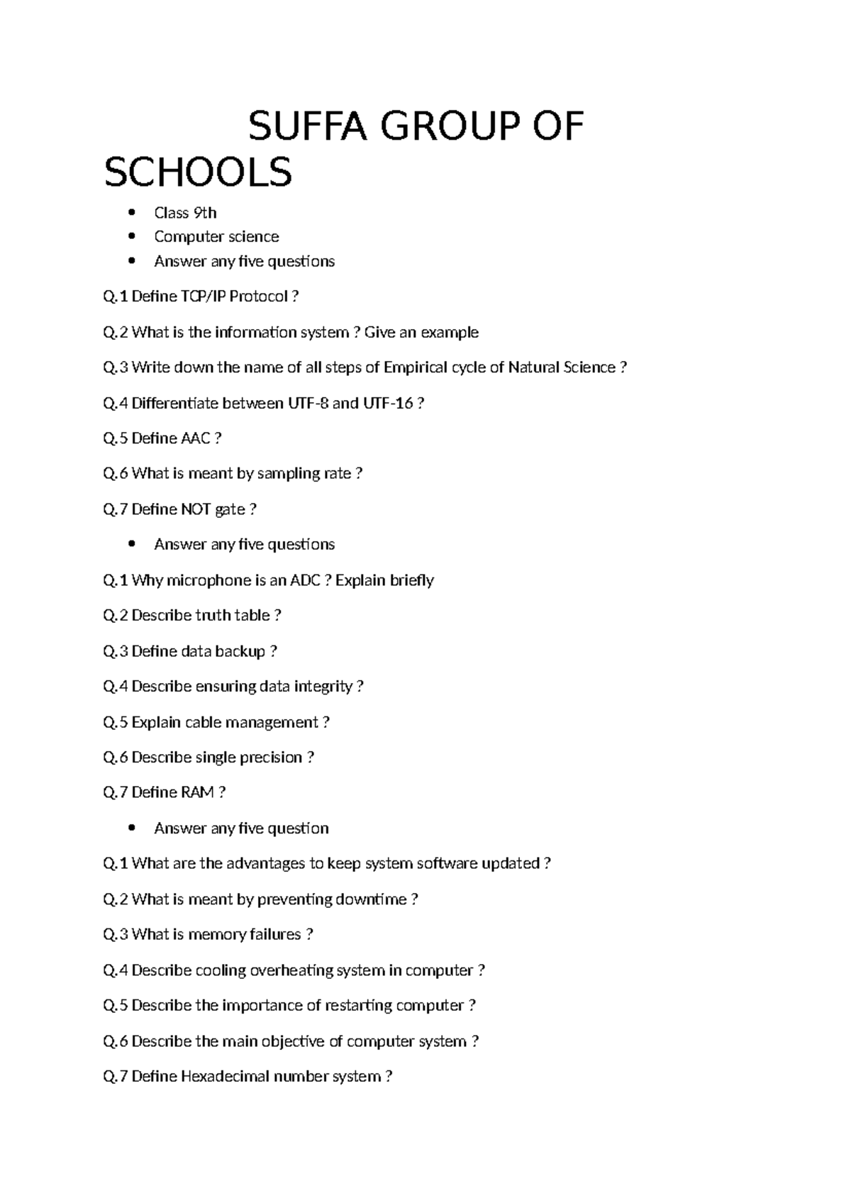 SUFFA GROUP OF SCHOOLS Class 9 Computer Science Q&A Guide - Studocu