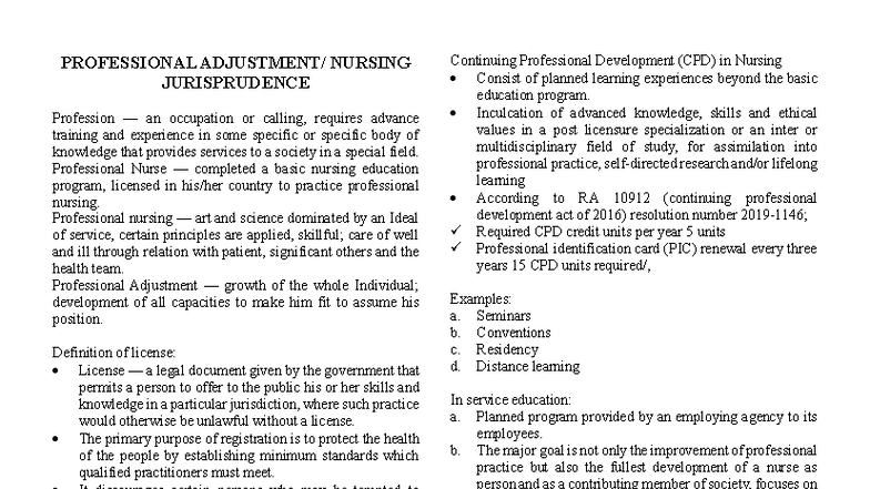 PROFESSIONAL NURSING JURISPRUDENCE: Key Concepts and Regulations - Studocu