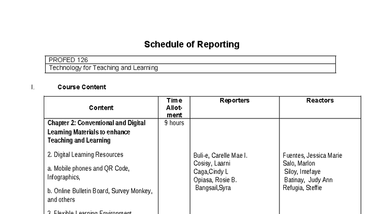 PROFED 126 Schedule of Reporting: Tech for Teaching & Learning - Studocu