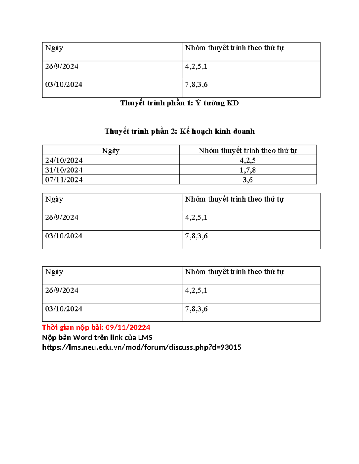 Lịch TT - update - vbnn - Khởi sự kinh doanh - Ngày Nhóm thuyết trình ...