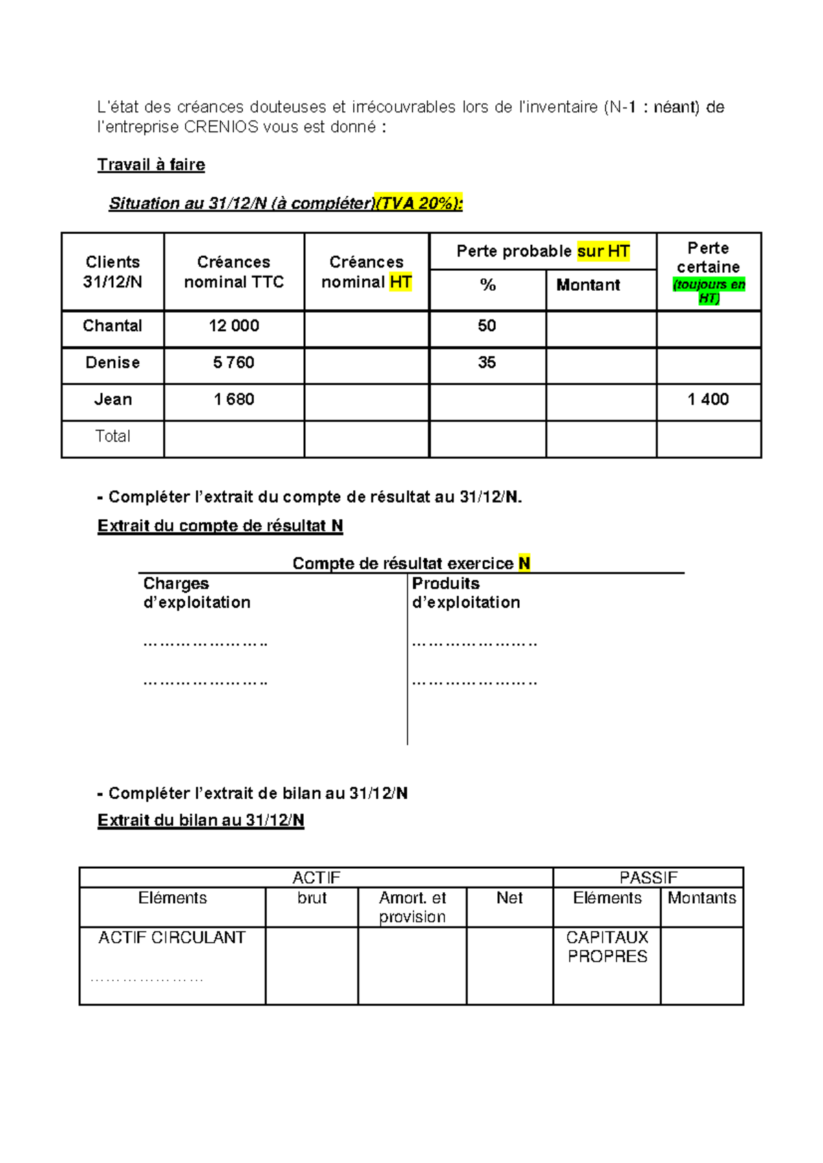 Exercices Complémentaires : Dépréciation des Créances Douteuses N et N+ ...
