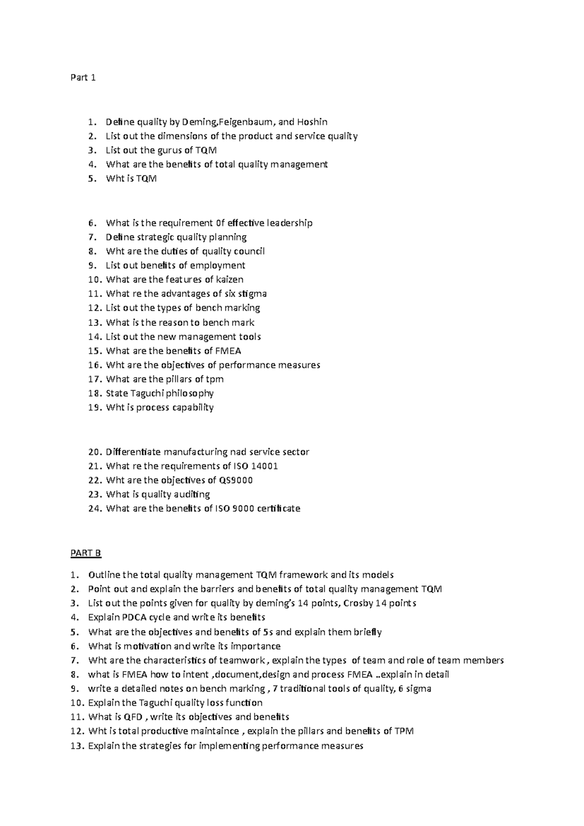TQM Questions Overview: Key Concepts & Frameworks - Studocu