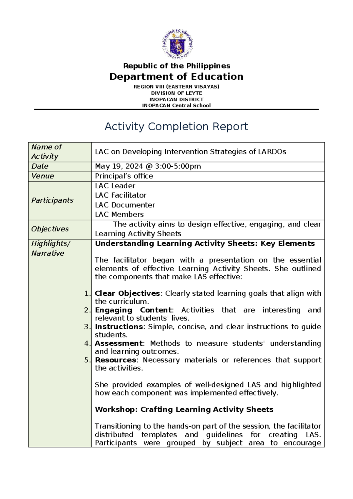LAC Activity Completion Report: Designing Effective Learning Activity ...
