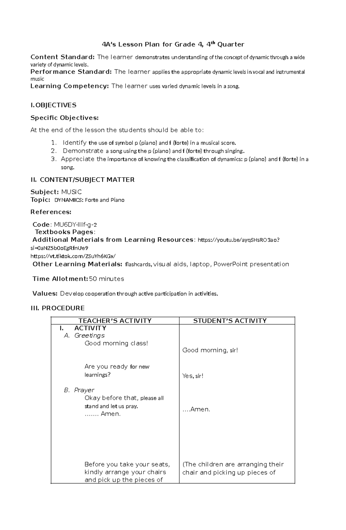 Music 4th Quarter Lesson Plan: Understanding Dynamics (Forte & Piano ...