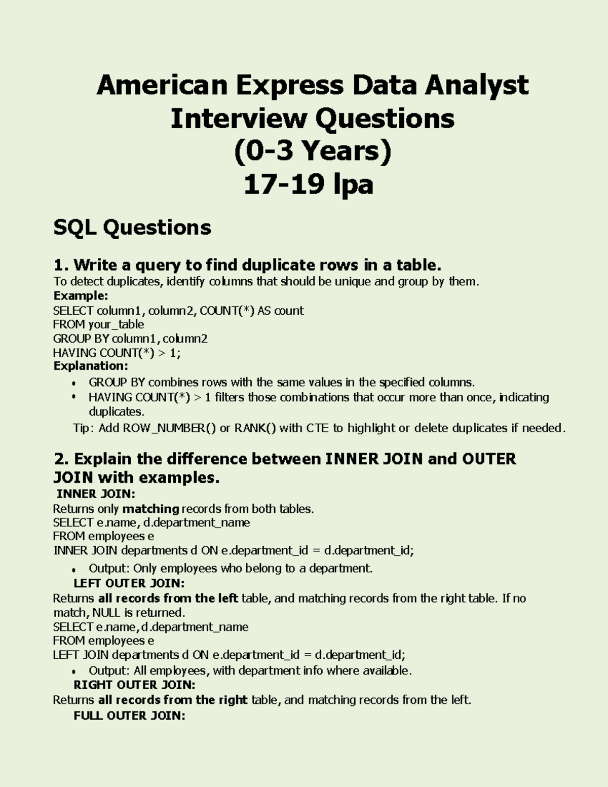 SQL Interview Questions for Data Analyst (American Express) - Studocu