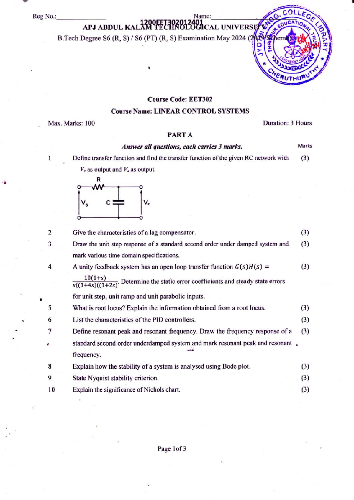 EET302 Linear Control Systems Exam Questions - May 2024 - Studocu