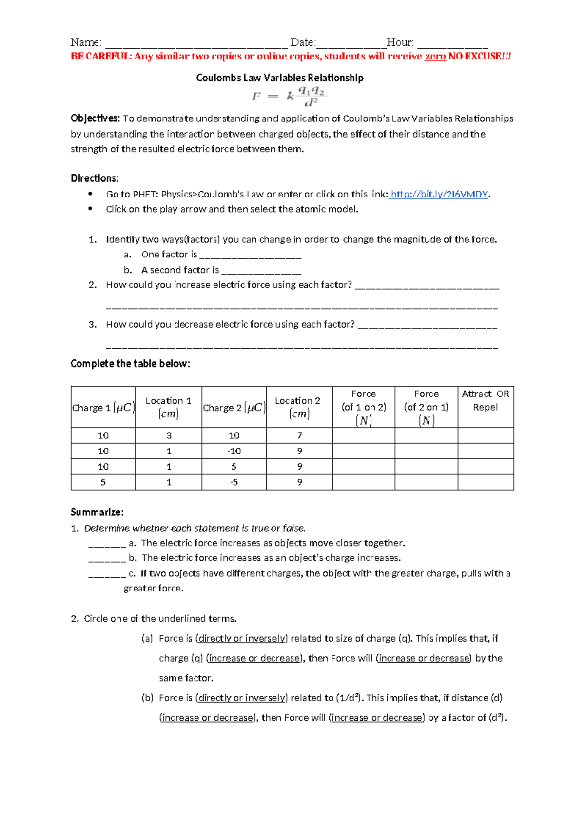 PHET Worksheet: Coulomb's Law Variables & Relationships - Studocu