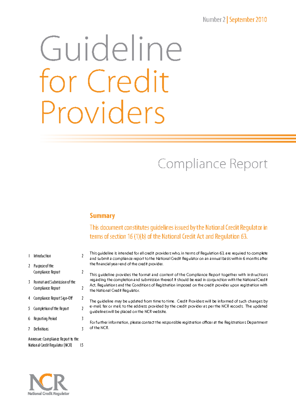NCR Compliance Report Guidelines for Credit Providers - Studocu