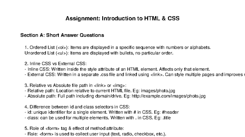 HTML CSS Assignment: Short Answer & Questions Overview - Studocu