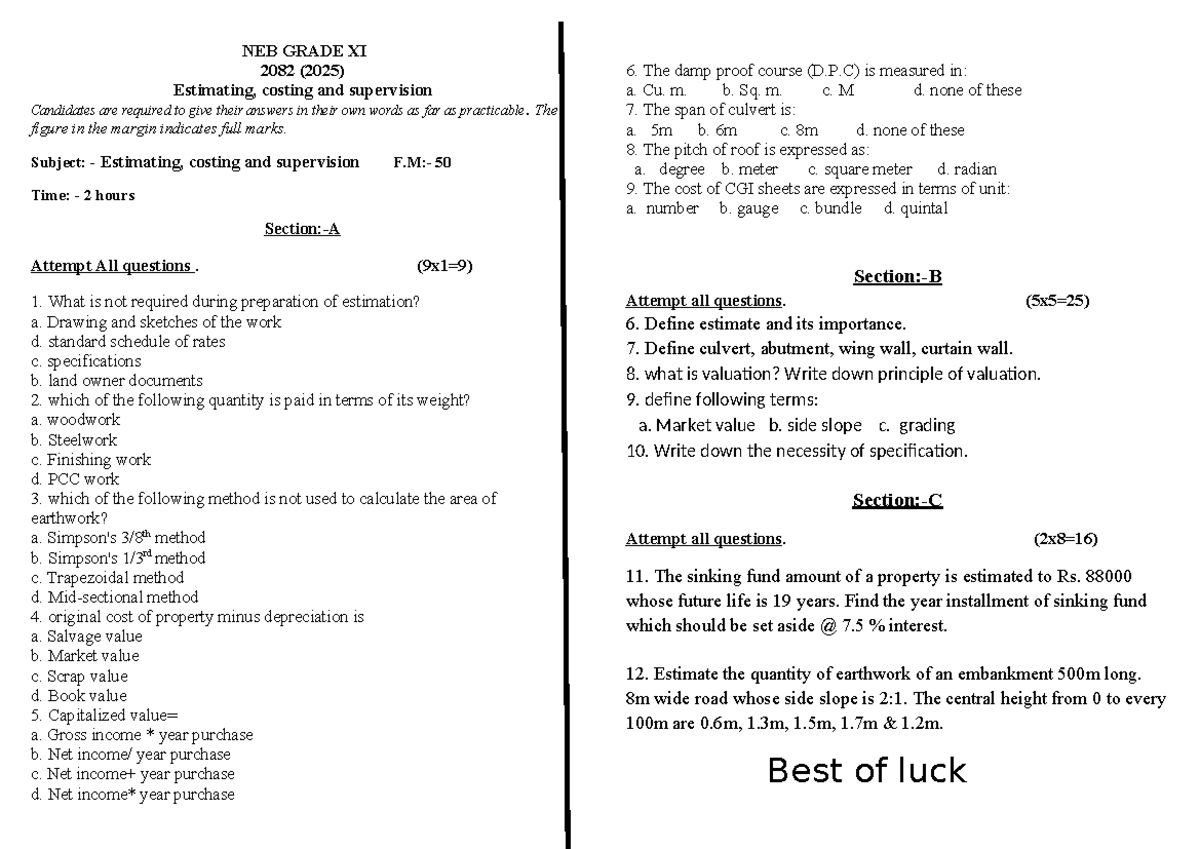 NEB GRADE XI 2082 (2025) Estimating, Costing & Supervision Exam ...