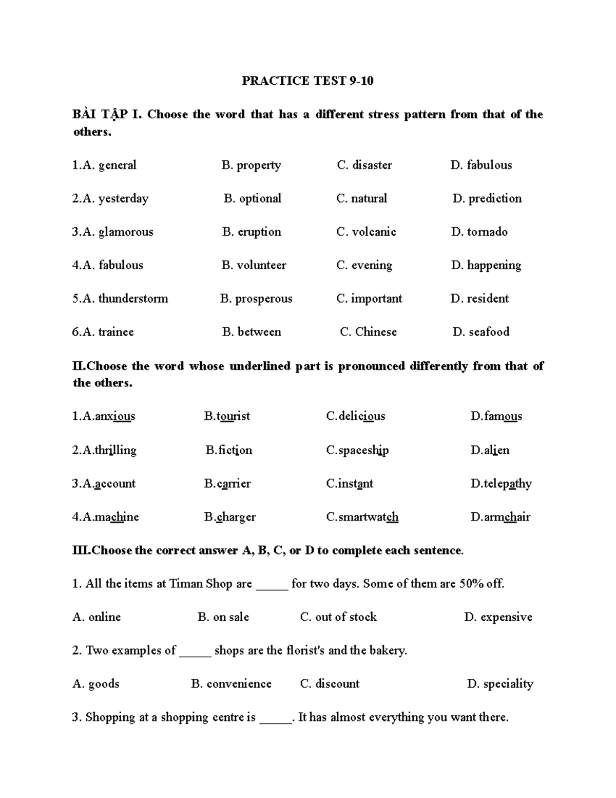Practice TEST 9-10: Vocabulary, Pronunciation & Grammar Exercises - Studocu