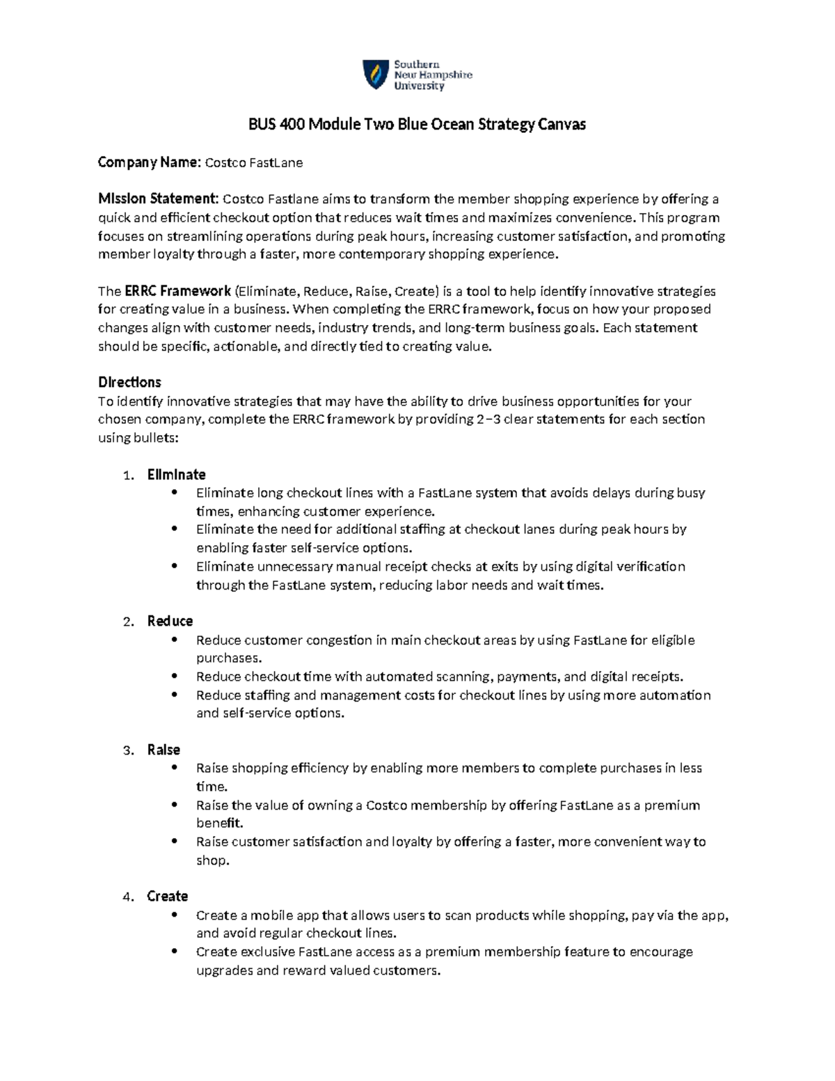 BUS 400 Module Two: Costco FastLane Blue Ocean Strategy Analysis - Studocu