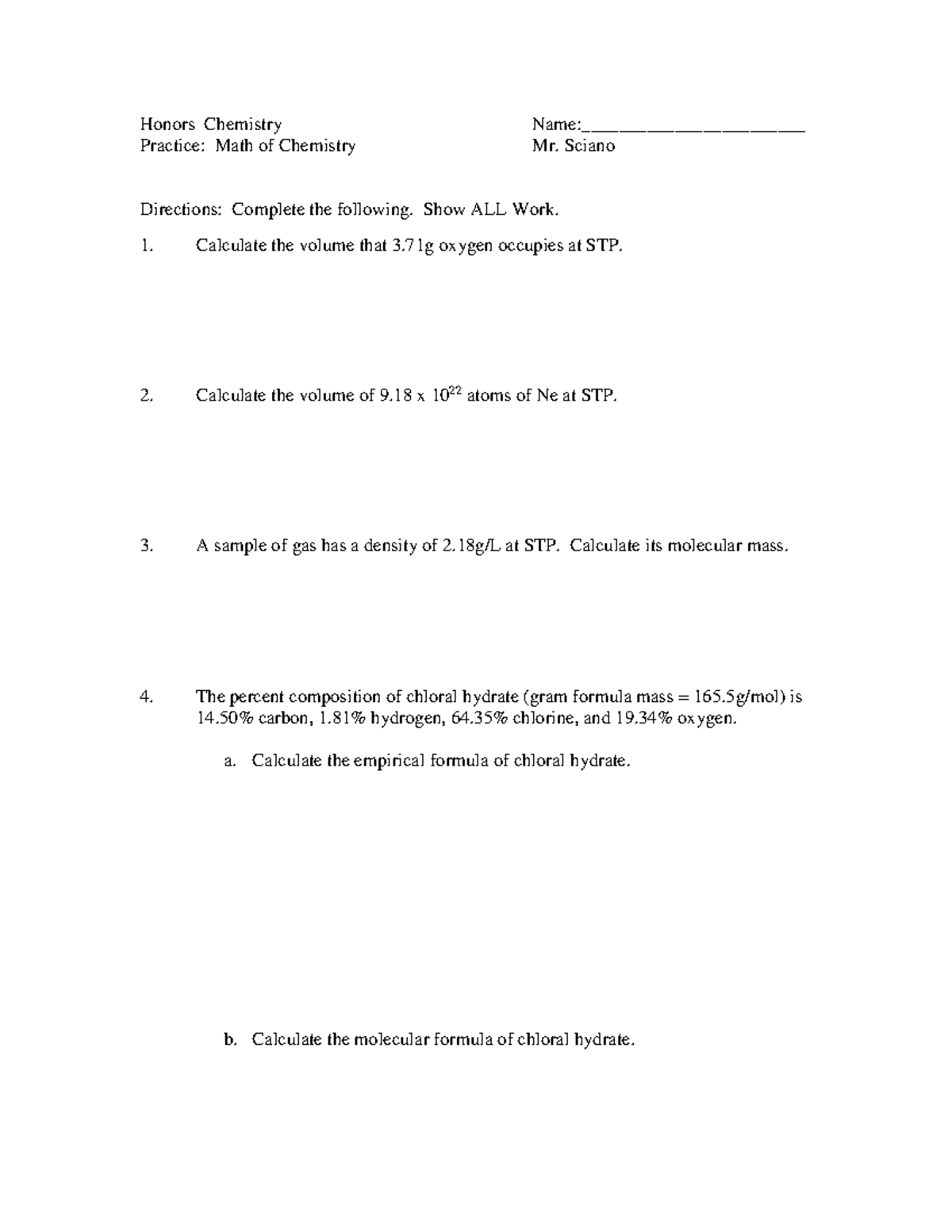 Honors Chemistry Practice: Math of Chemistry 2026 - Studocu
