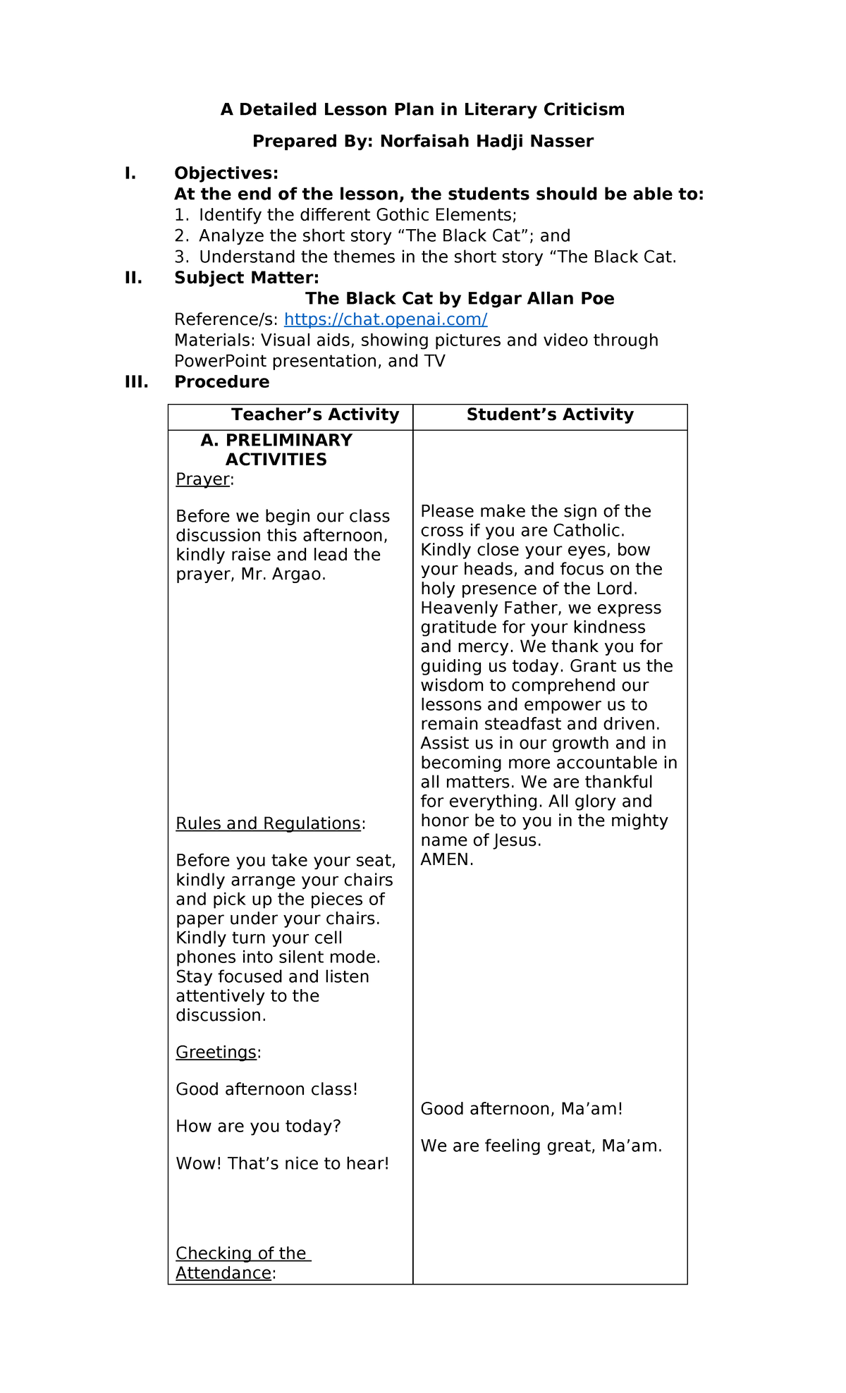 BSED-ENGLISH Lesson Plan: Exploring Gothic Elements in "The Black Cat ...