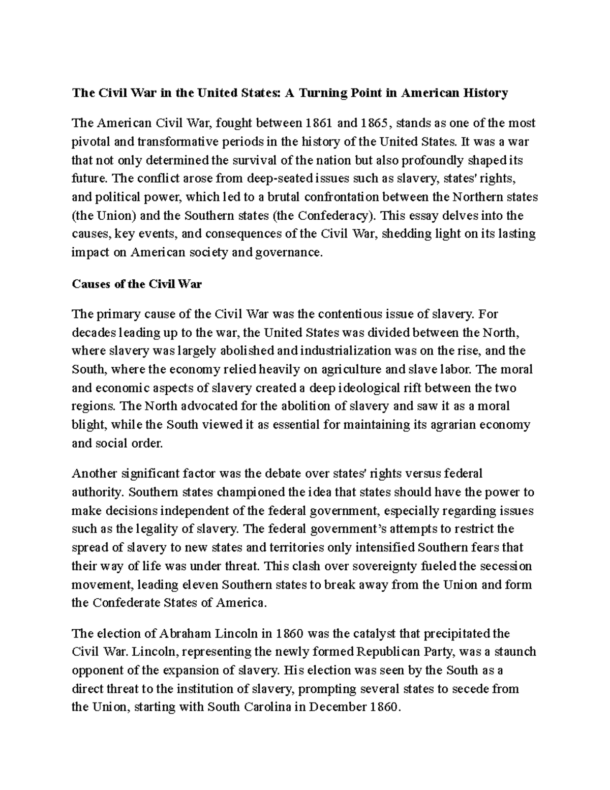 Essay on The Civil War in the U.S. - A Pivotal History - Studocu