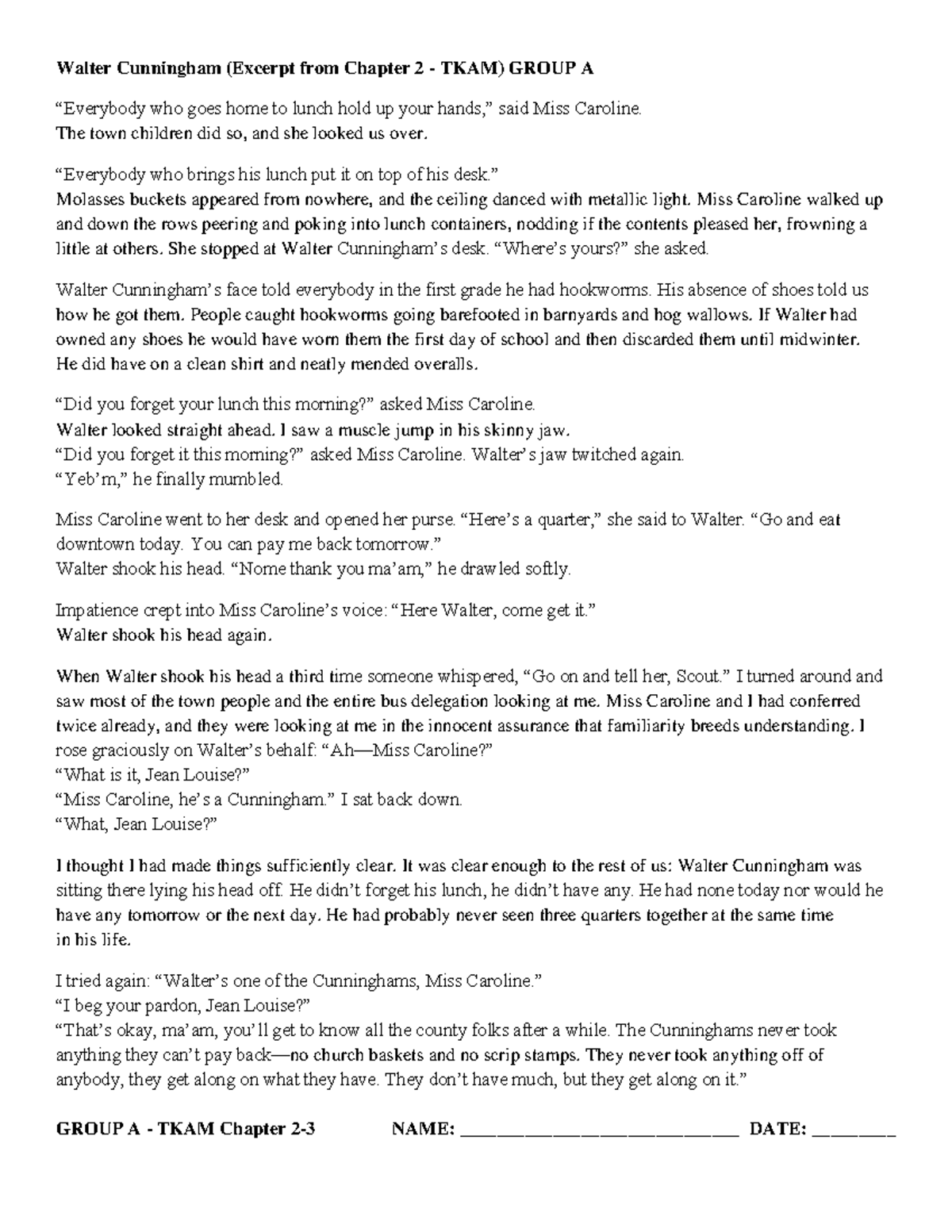 Character Analysis of Walter Cunningham - TKAM Chapter 2 Excerpt - Studocu