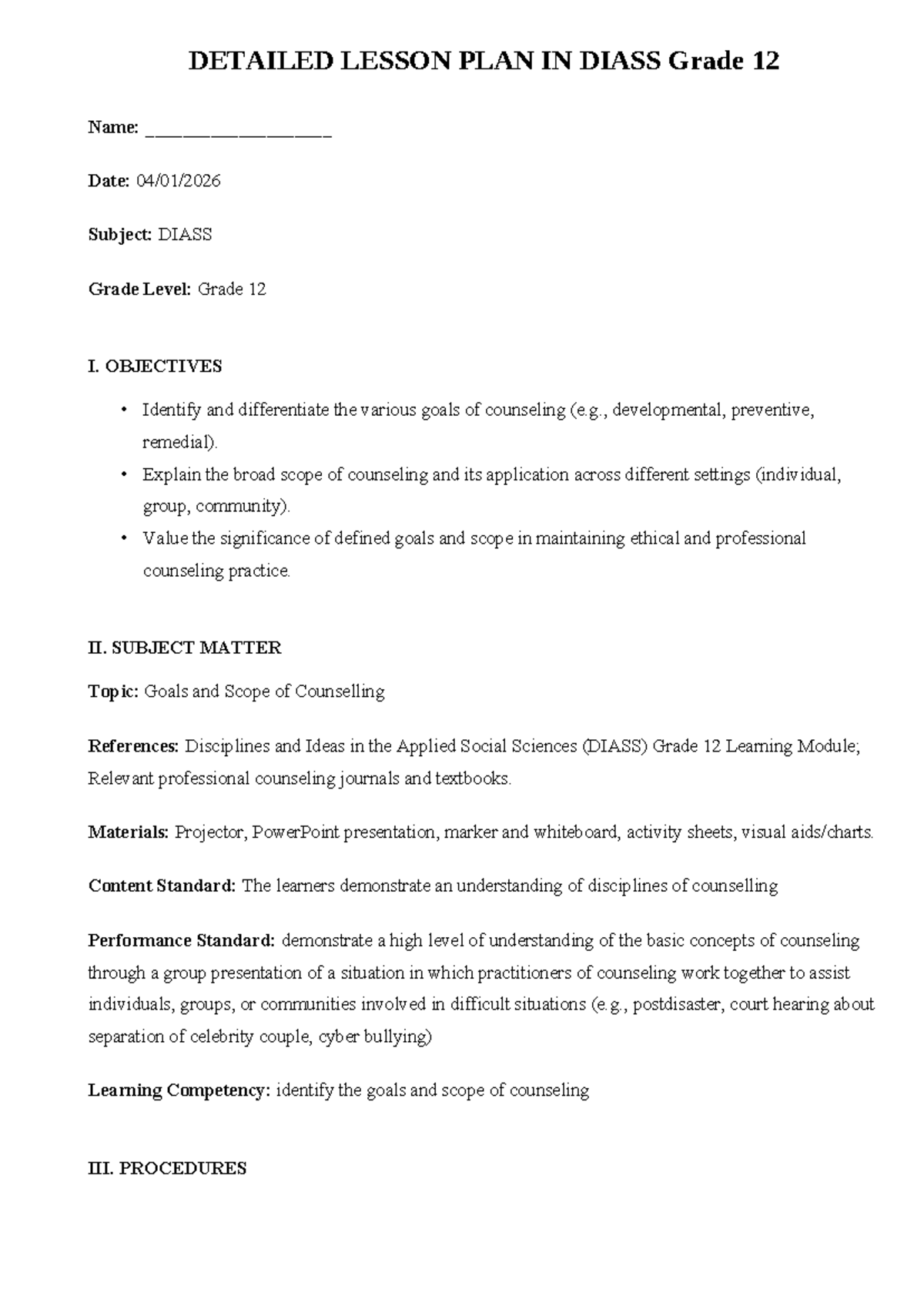 DIASS Grade 12 Lesson Plan: Goals & Scope of Counseling - Studocu