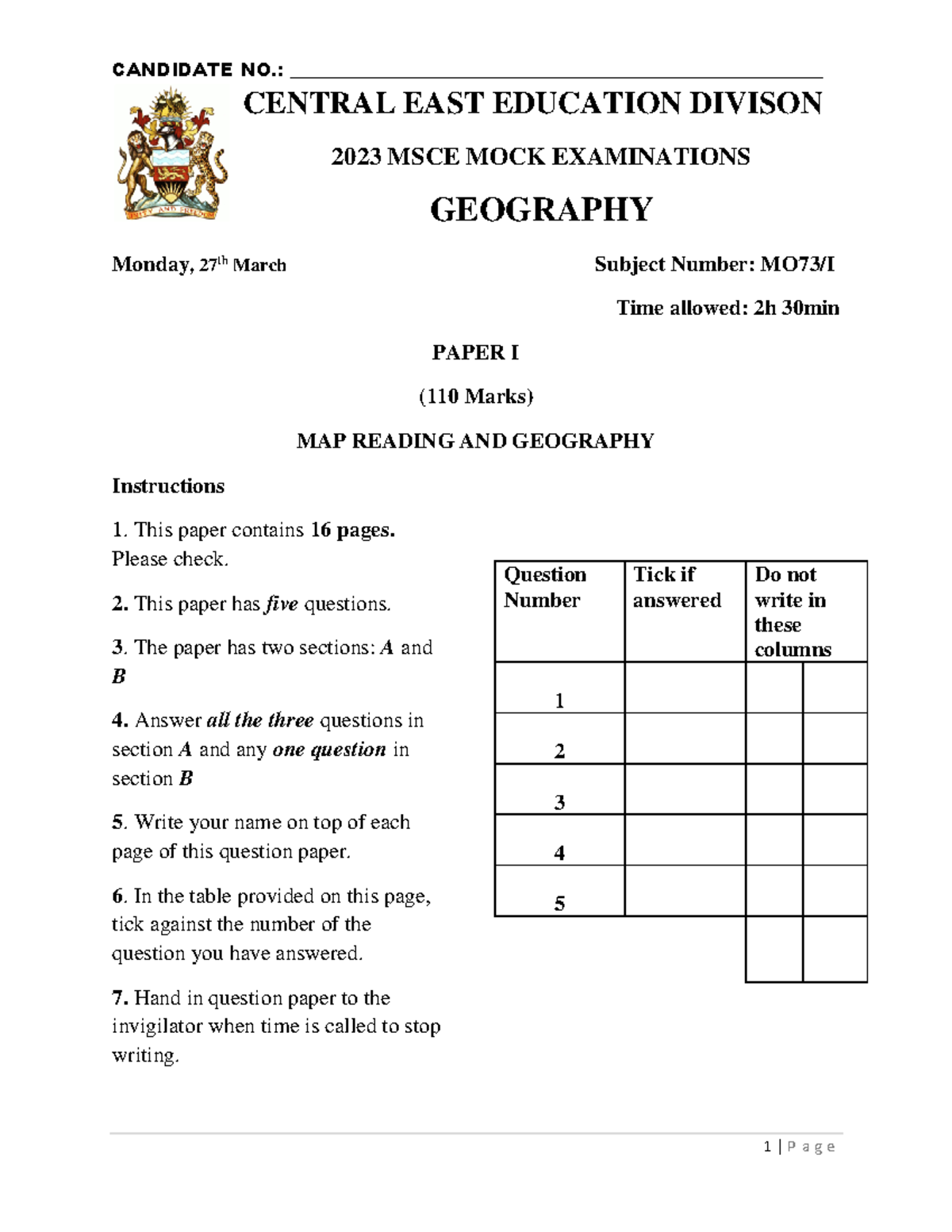 2023 MSCE Geography Mock Exam Paper I & II (MO 73/I) - Studocu