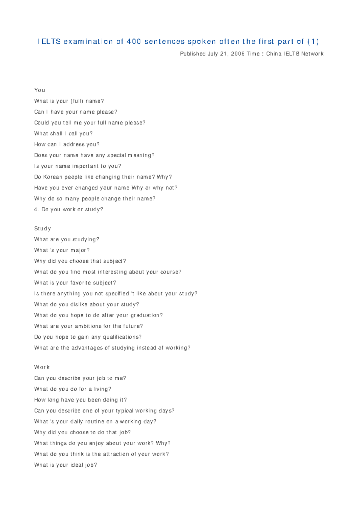 IELTS Speaking Part 1: Common Questions and Answers - Studocu