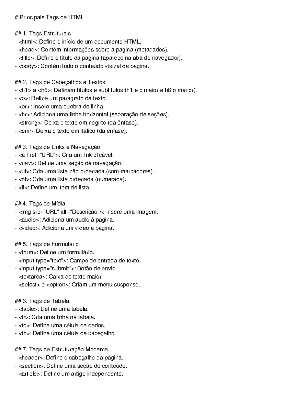 Principais Tags HTML: Estrutura e Uso Eficaz para Web Design - Studocu
