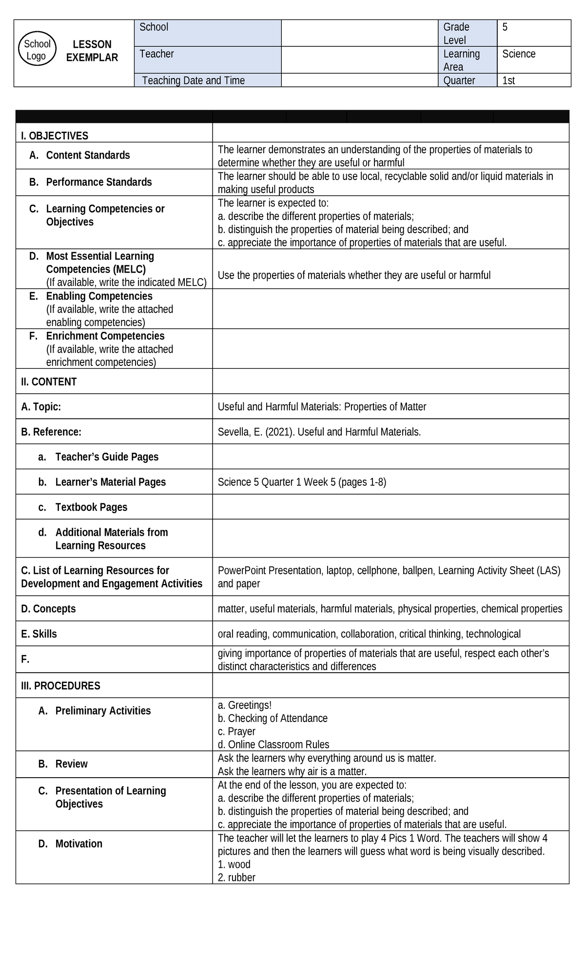 Science 5 Q1 Week 1 Lesson Exemplar: Properties of Useful & Harmful ...