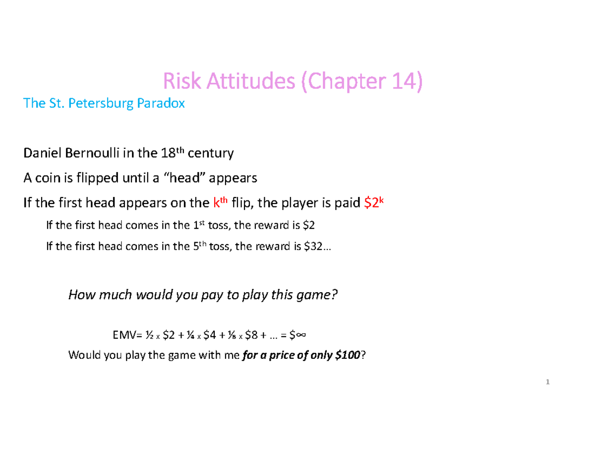 Risk Attitudes (Chapter 14) - Lecture Notes on Utility Functions - Studocu