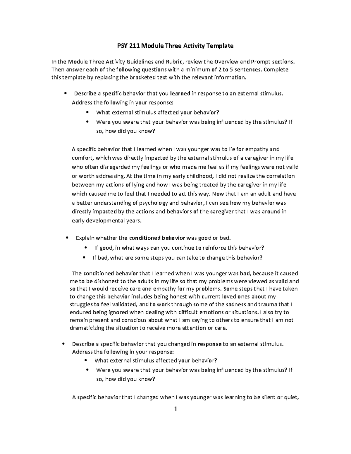 PSY 211 Completed Module 3 Activity on Behavioral Conditioning - Studocu
