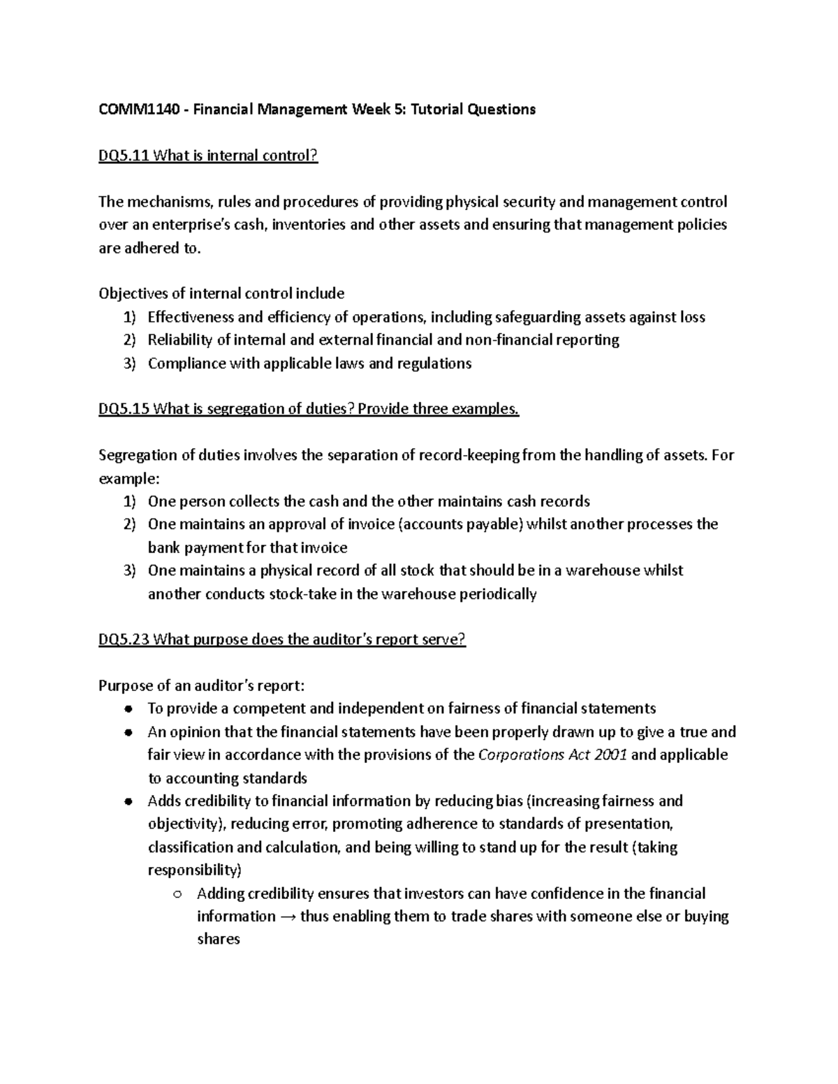 COMM1140 Week 5 Financial Management Homework Tutorial Questions - Studocu
