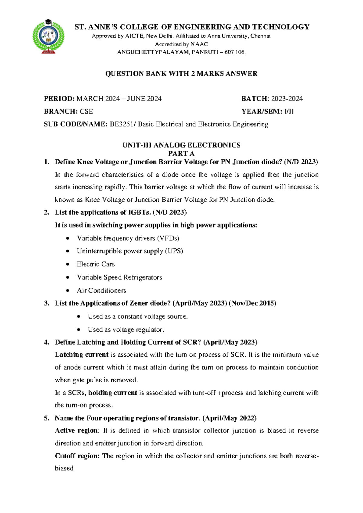 BE3251 - Basic Electrical & Electronics Engineering Question Bank for ...