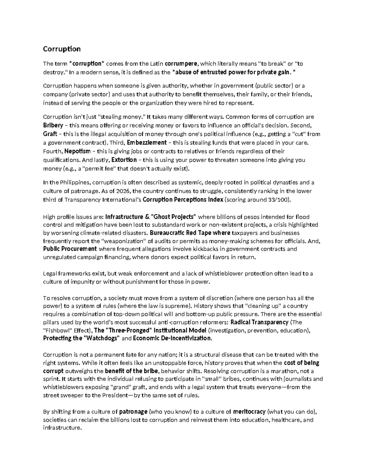 Corruption: Understanding Its Impact and Solutions - SOC 101 - Studocu