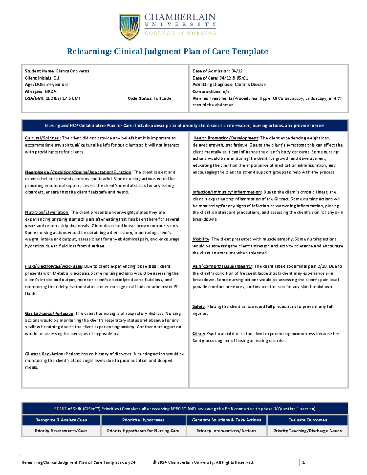 Relearning: Clinical Judgment Plan of Care for C.J - Chamberlain ...