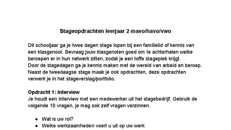 Stageopdrachten Leerjaar 2: Havo/VWO Stagedagen en Reflectie - Studeersnel
